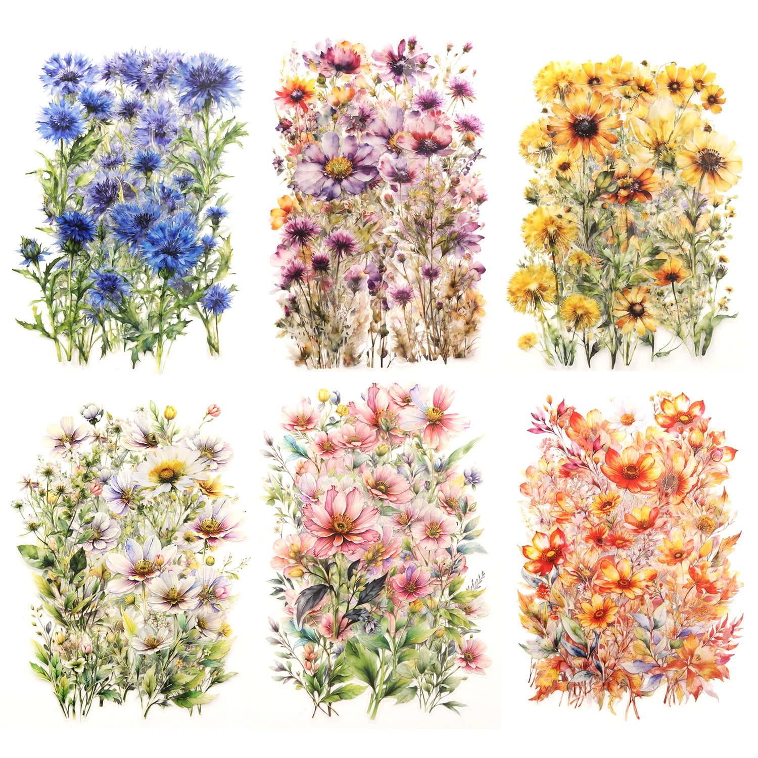 120 Pcs 6 Colors Watercolor Flower Stickers Set, Big PET Clear ...