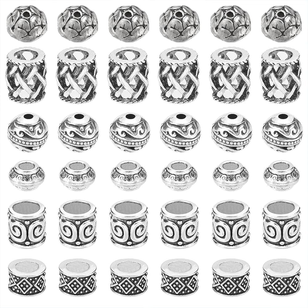 120 Pcs 6 Styles Tibetan Style Alloy Beads Column/Lotus Flower/Round ...