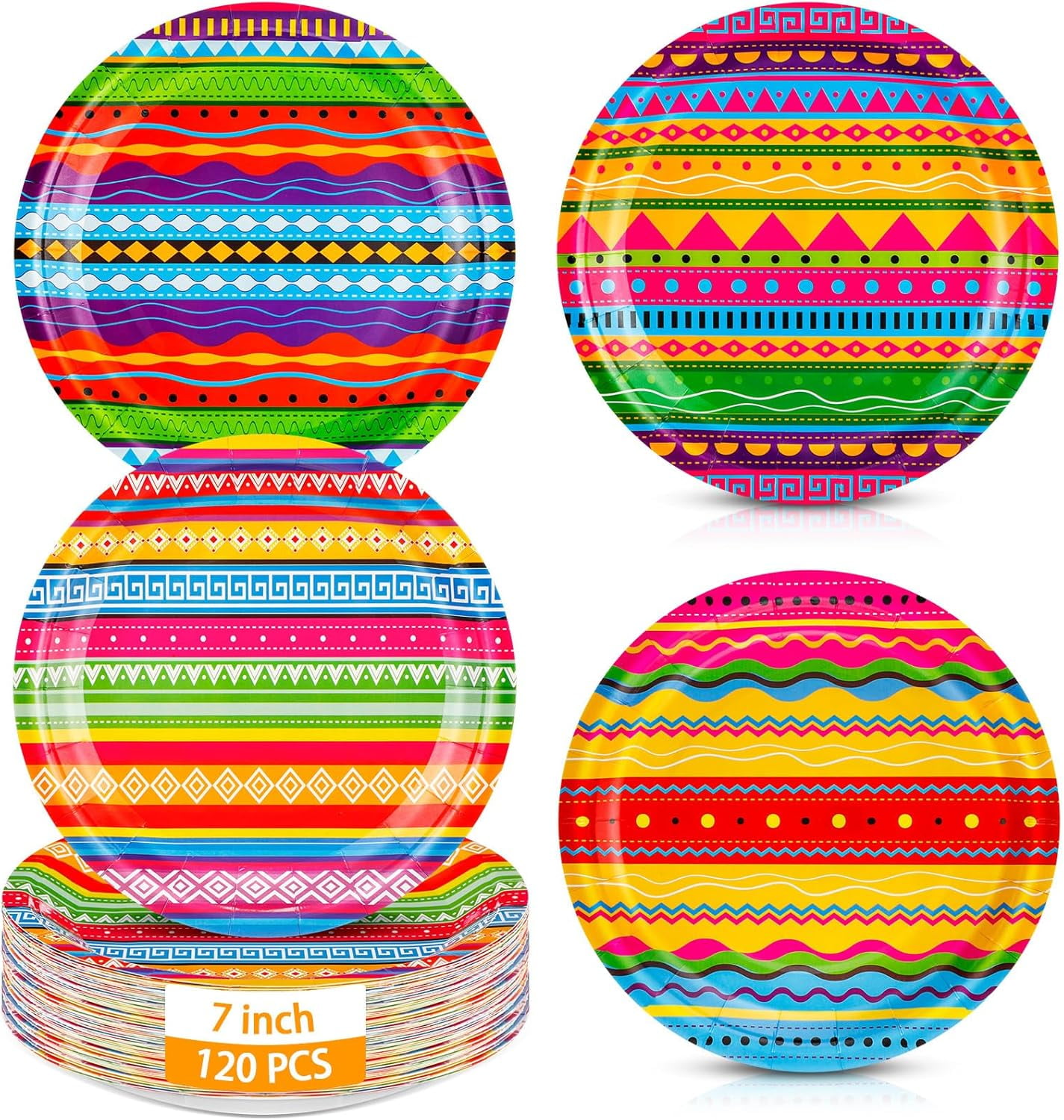 120 Pcs 60 Pcs Mexican Serape Fiesta Paper Plates 7" Disposable Fiesta ...
