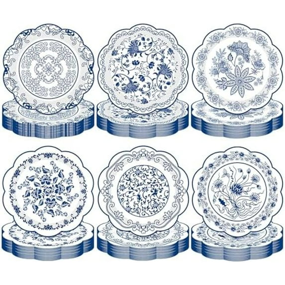 120 Pcs 7 Inch Blue and White Floral Disposable Plates Blue Chinoiserie ...