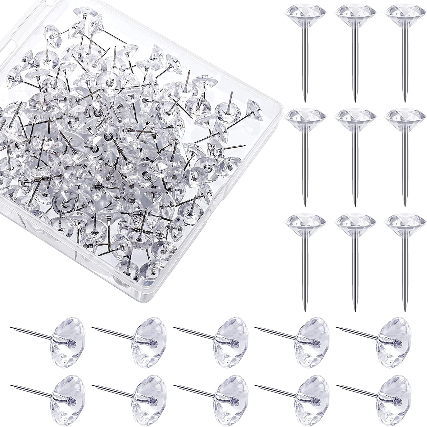 120 Pcs Clear Thumb Tacks, Push Pins Diamond Thumb Tacks Crystal Head ...