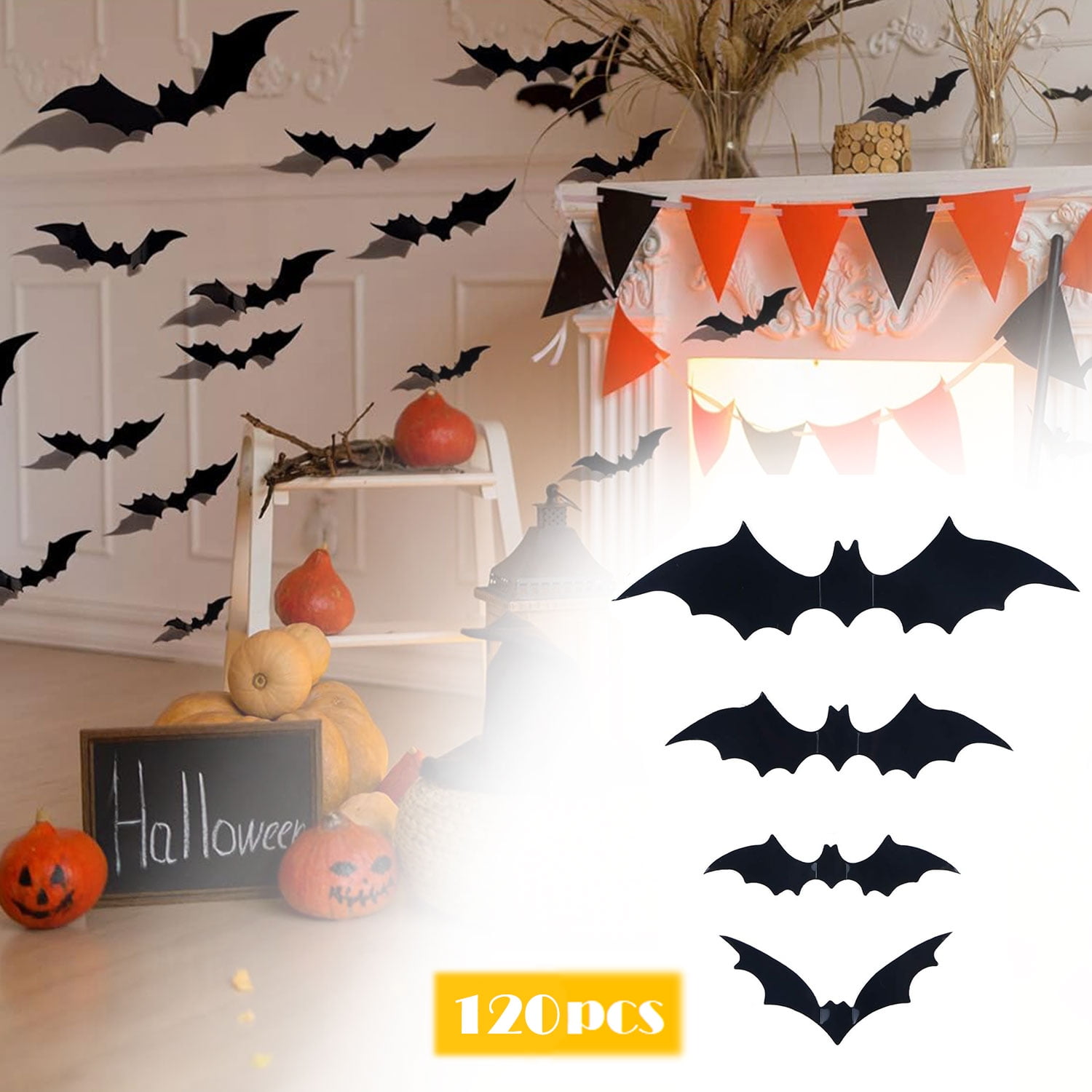 120 Pcs DIY 3D Bats Halloween Decorations, 4 Different Sizes PVC Bat ...