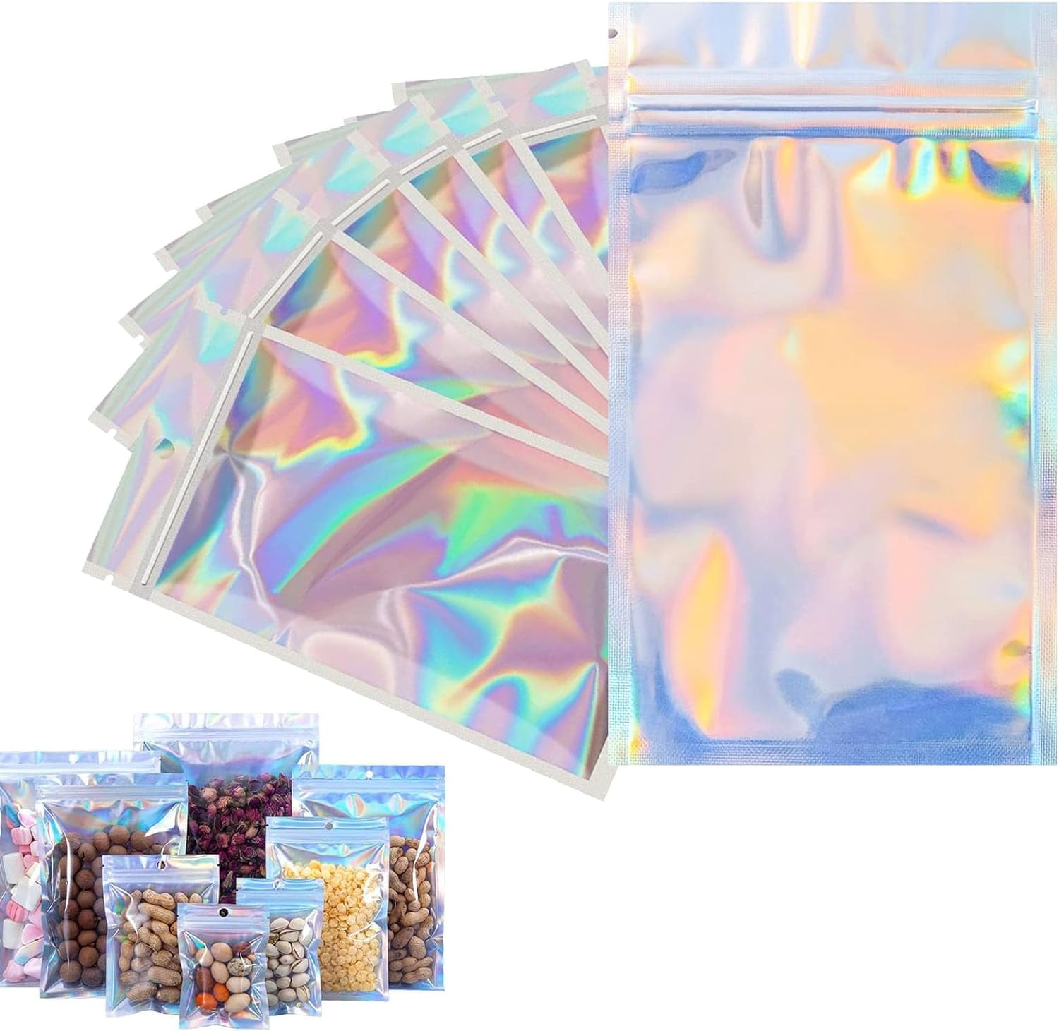 120 Pcs Holographic Bags, Resealable Mylar Bags Reusable Sample Bags ...