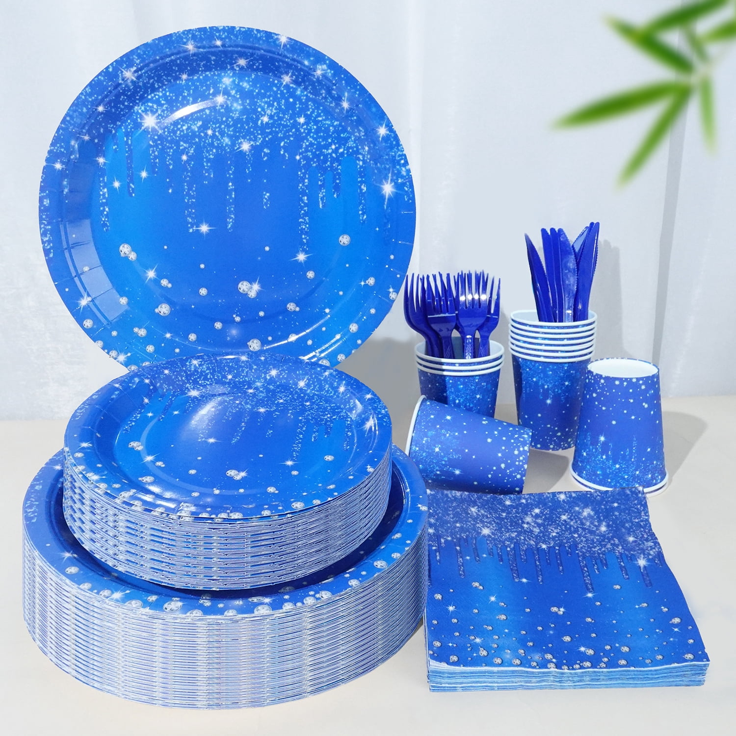 120 Pcs Royal Blue Glitter Drip Theme Birthday Graduation PARTY plate ...