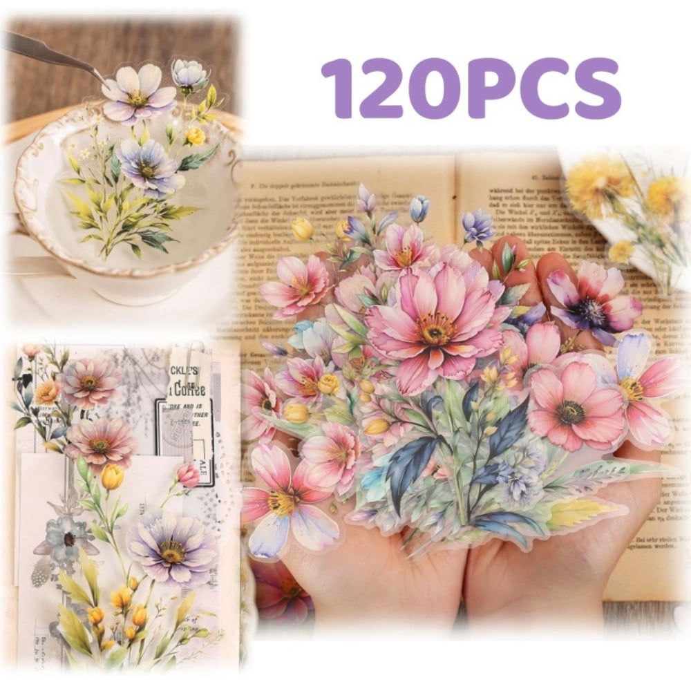 120 Pcs Watercolor Flower Stickers, Large 4.7" Clear Botanical Floral ...