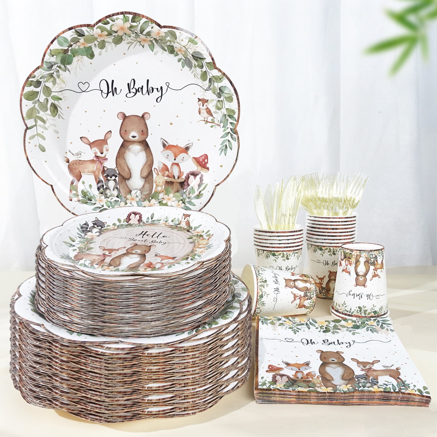 120 Pcs Woodland Animals Theme Birthday Wood Grain Pattern PARTY plate ...