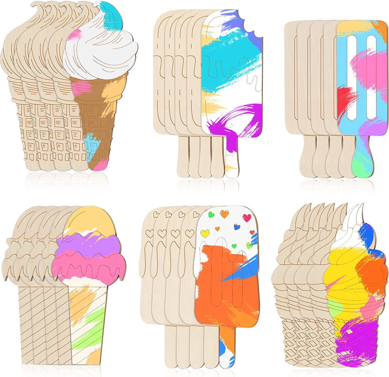 120 Pieces Ice Cream Wood Cutouts Crafts Bulk Color Your Own Ice Cream ...