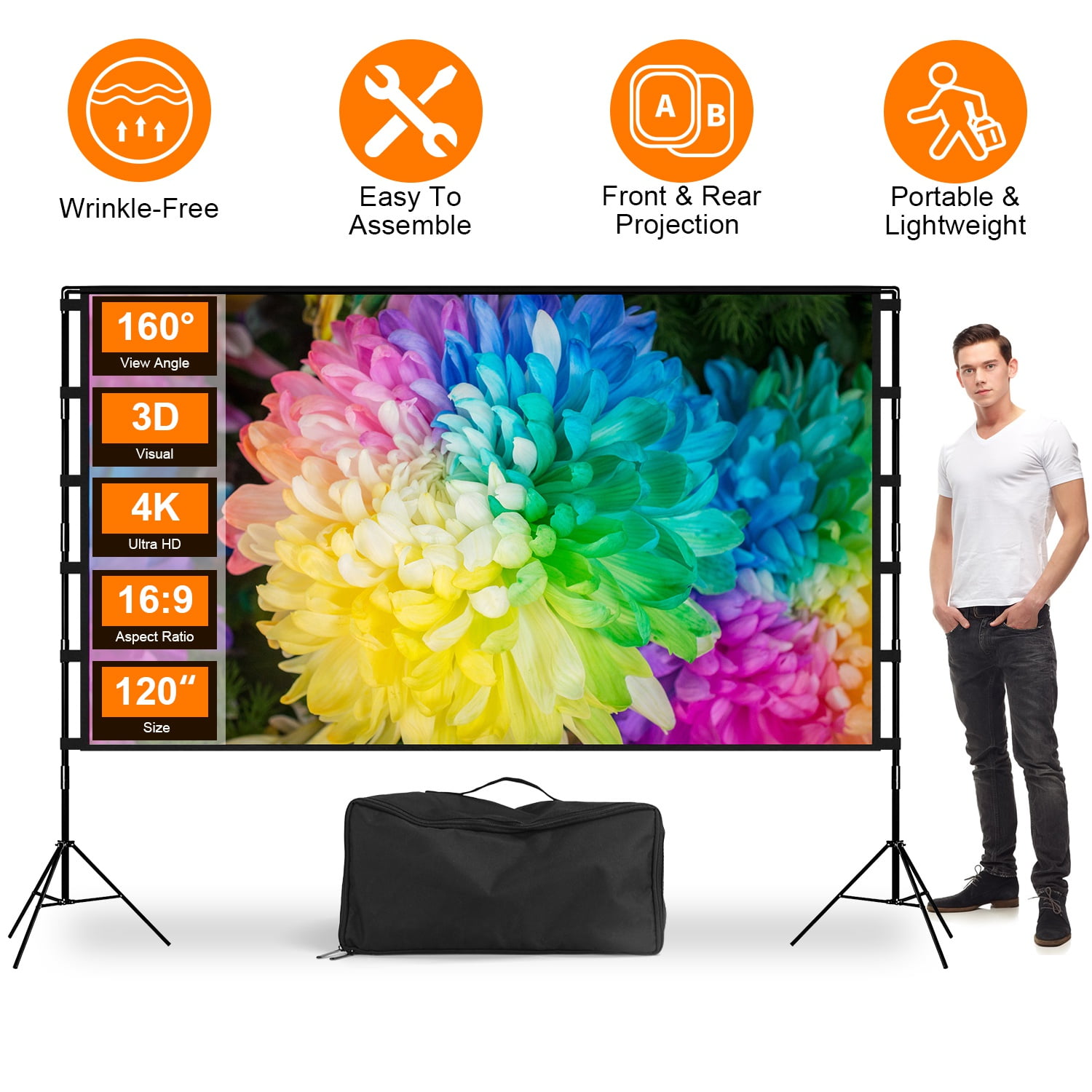 120" Portable Projector Screen with Stand, Foldable & Anti-Crease, HD ...