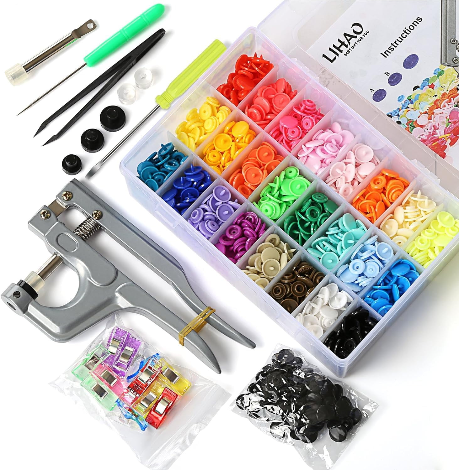 120 Set 12mm Snap Fasteners Kit for Leather Craft, Metal Button Press ...