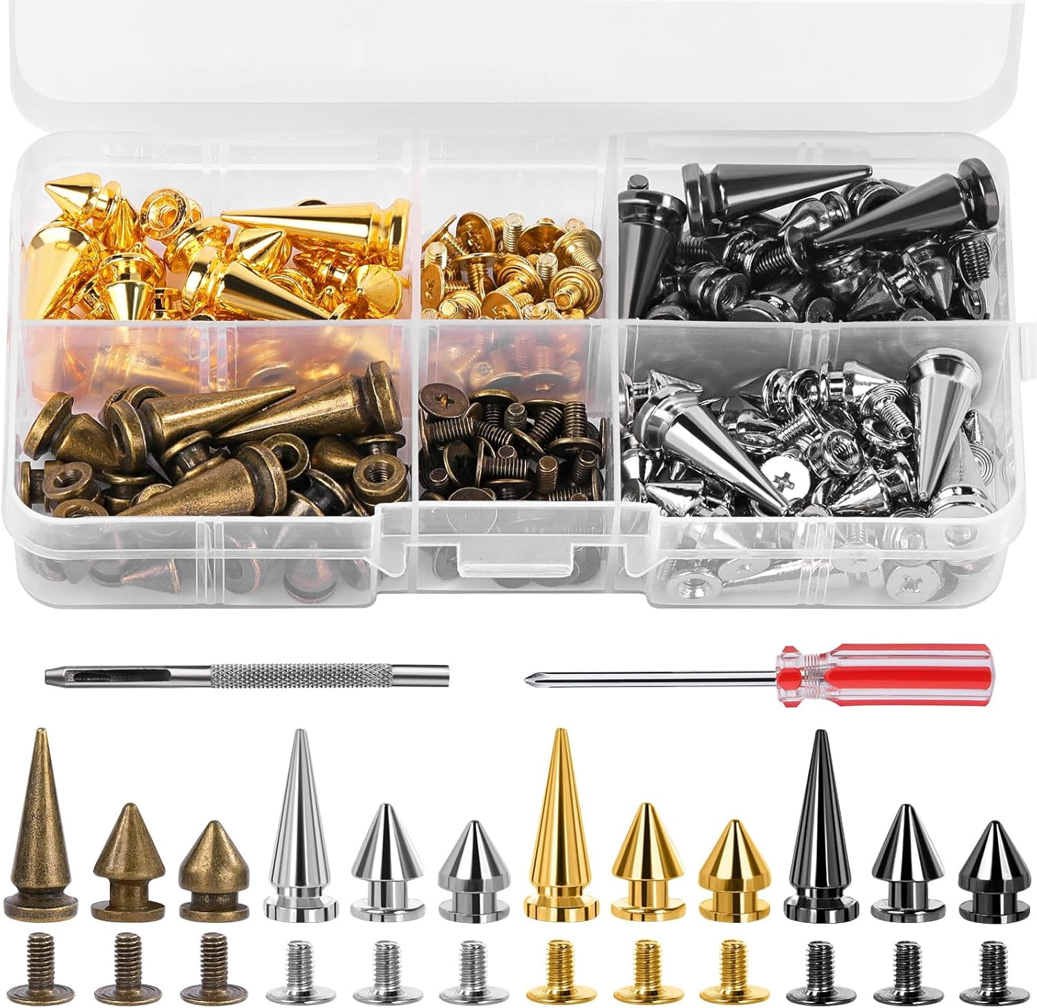 120 Sets Punk Spikes and Studs Kit, 4 Colors Cone Spikes, 3 Sizes Metal ...