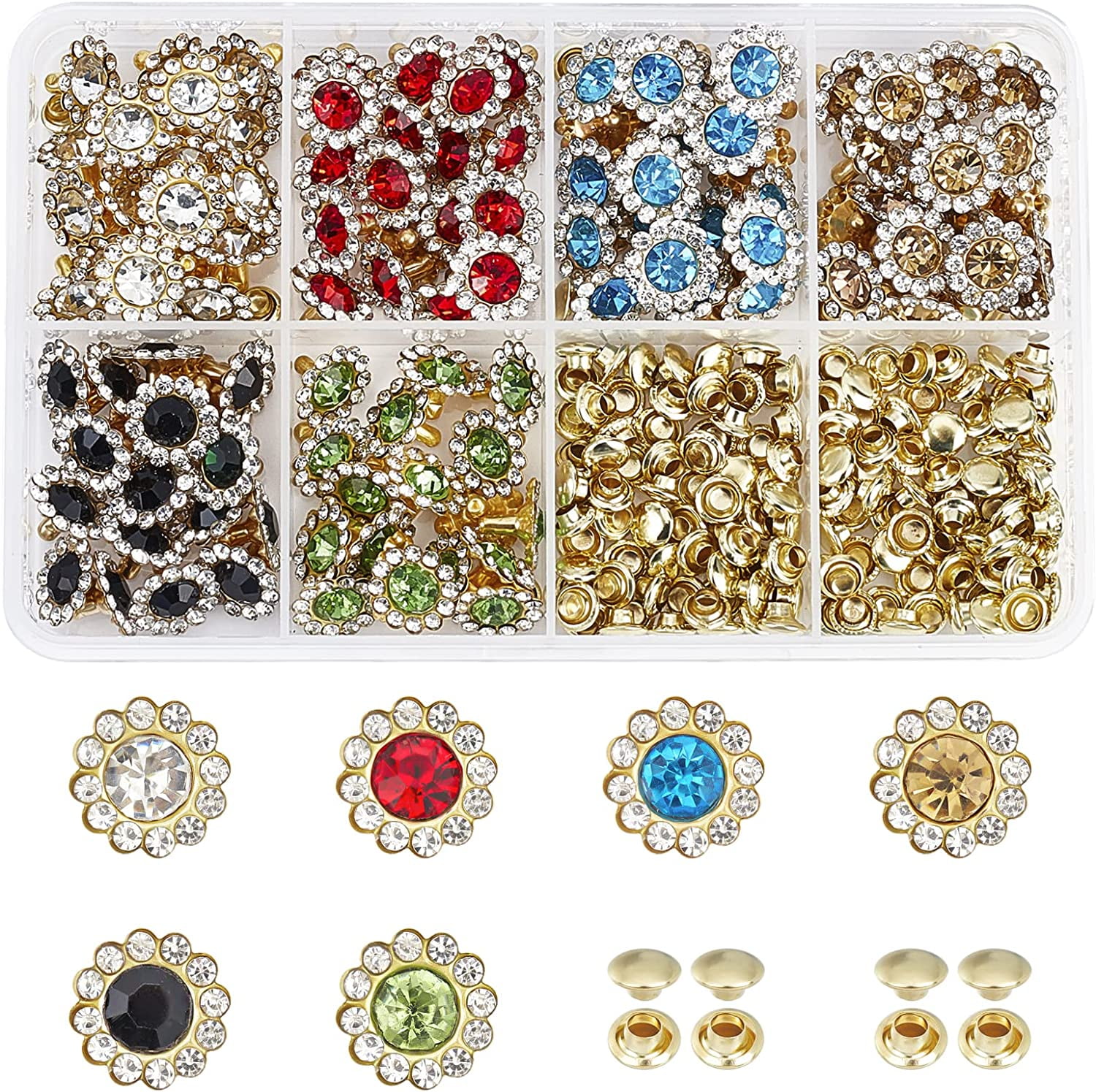 120 Sets Rhinestone Rivets Studs 11mm 6 Colors Sun Flower Crystal ...