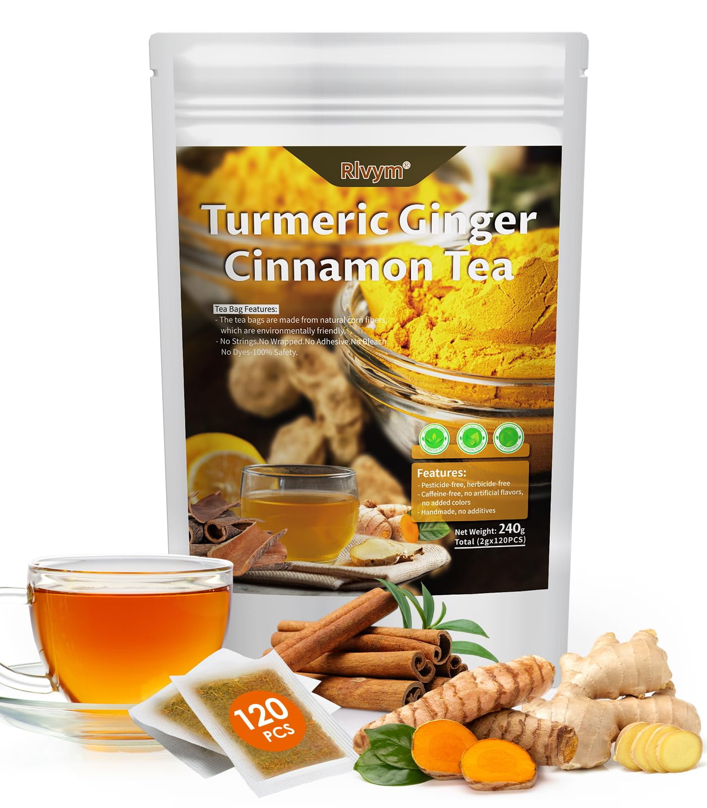 120 Turmeric Ginger Cinnamon Tea, Natural Turmeric Herbal Tea, Improve ...