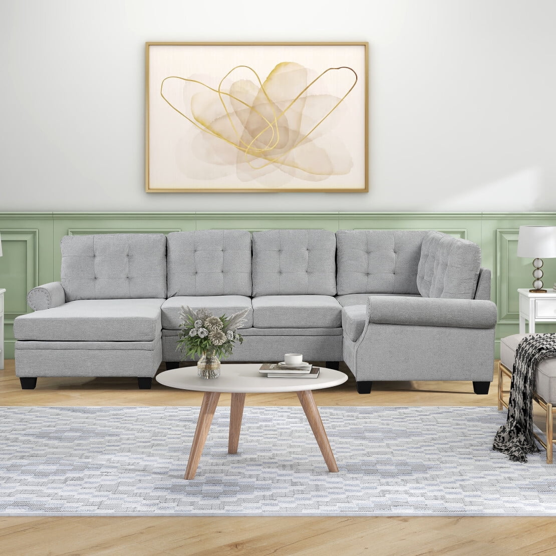 120" U-Shaped Corner Sectional Sofa with Chaise Lounge, Linen Fabric ...