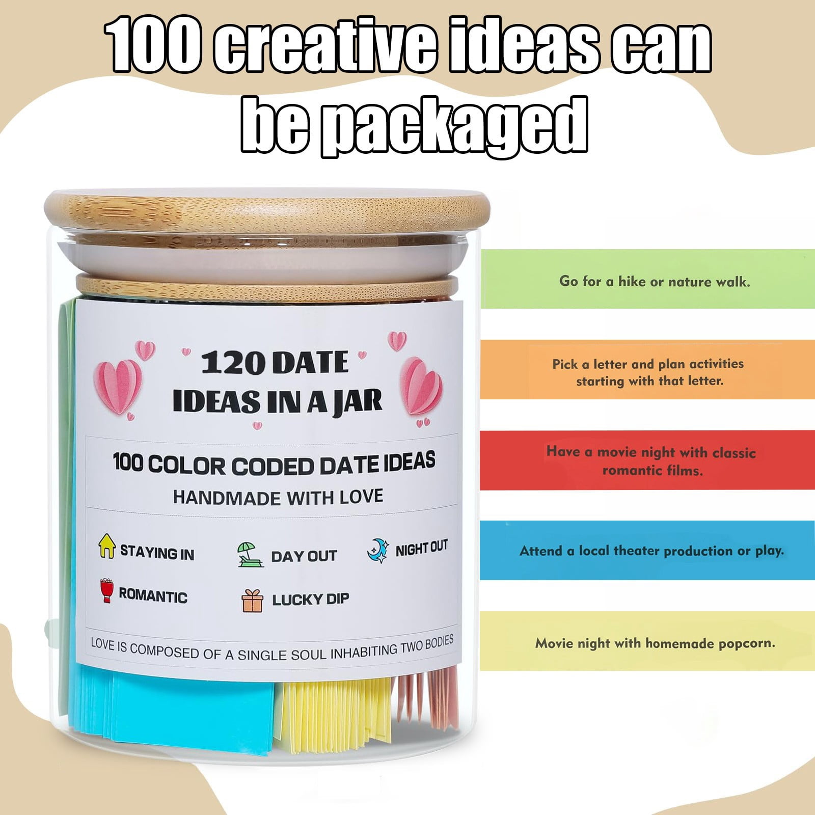 120 Unique Color-Coded Date Ideas In A Glass Jar With Wooden Lid, 100 ...