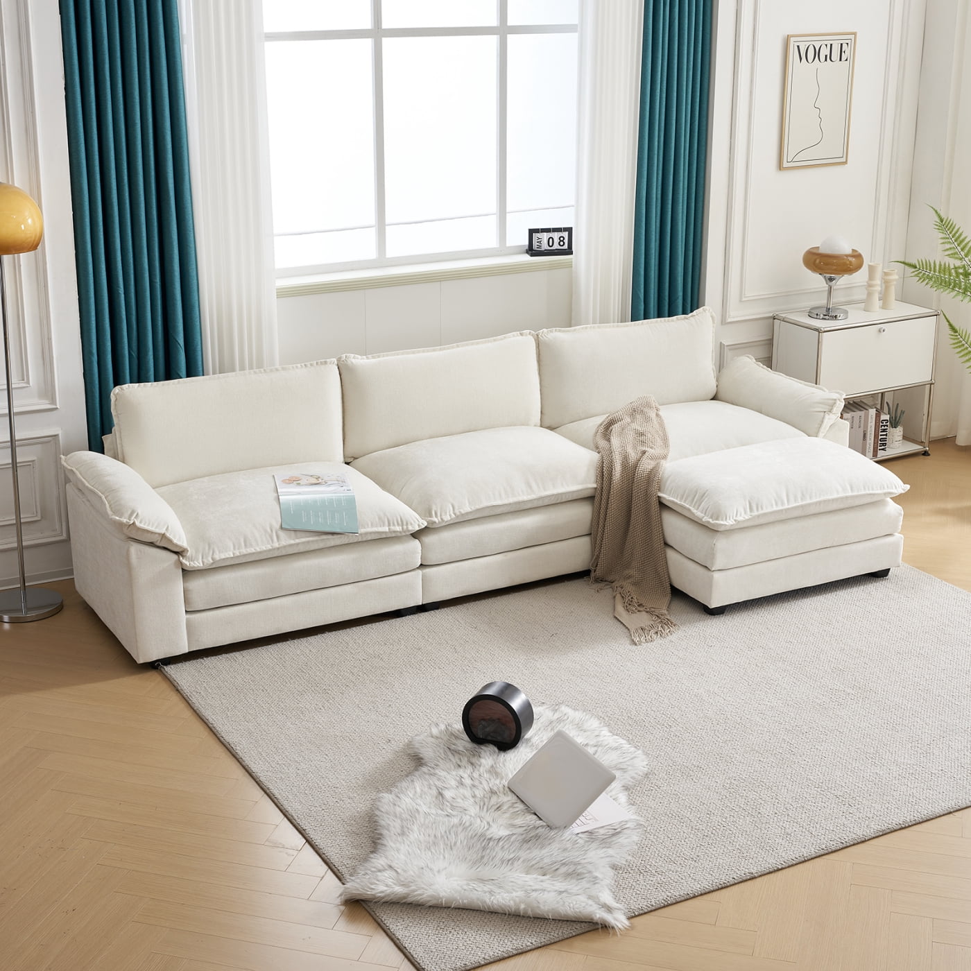 120" W Sectional Sofa 3 Seat Couch, Chenille Tufted Upholstered Counch ...