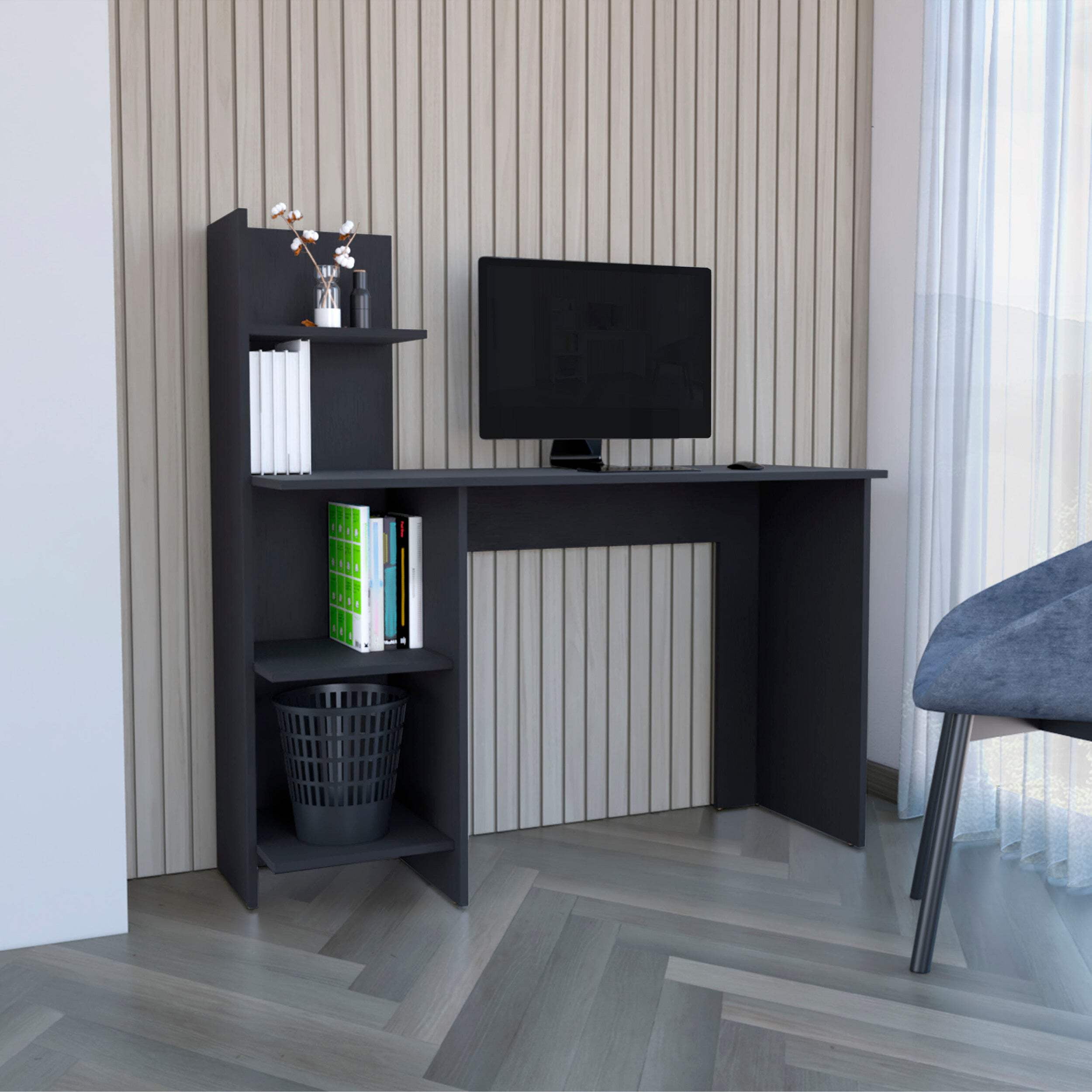 120 Writing Desk, Four Shelves, Black Black Particle Board Pine ...
