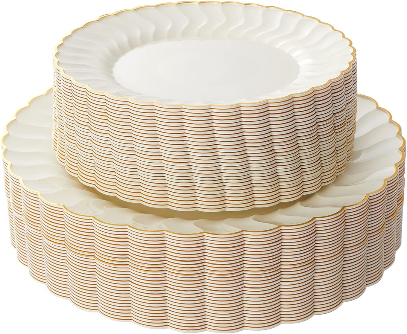 120 ivory colored fan-shaped plastic plates with gold borders ...