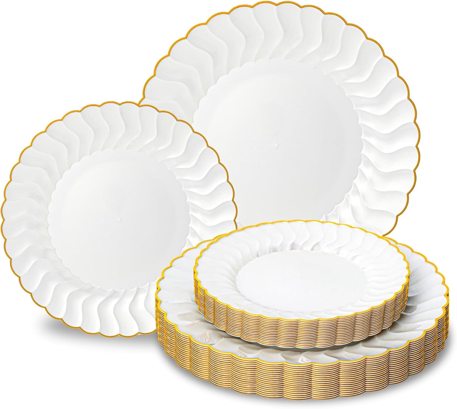 120 ivory colored fan-shaped plastic plates with gold borders ...