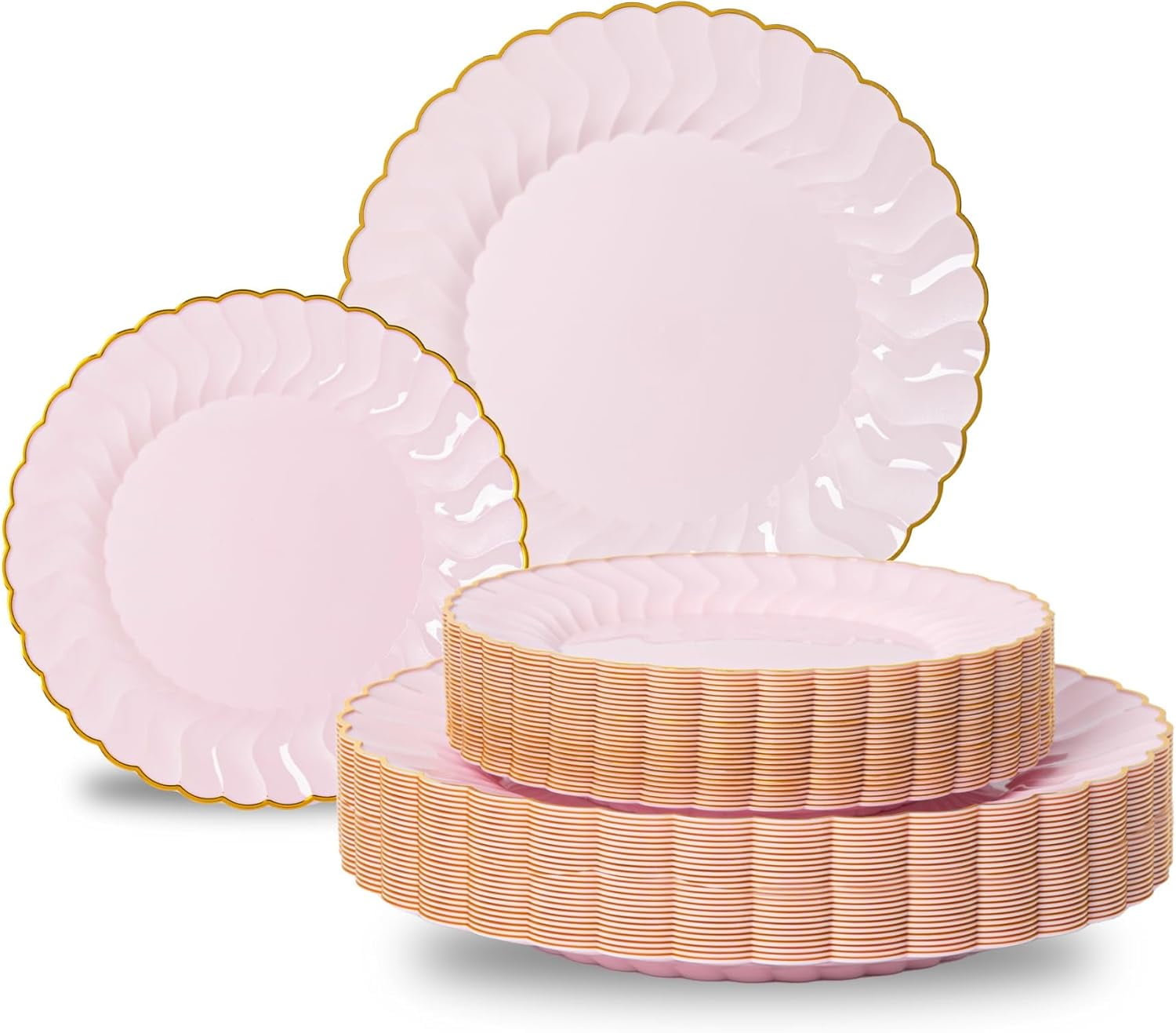 120 ivory colored fan-shaped plastic plates with gold borders ...