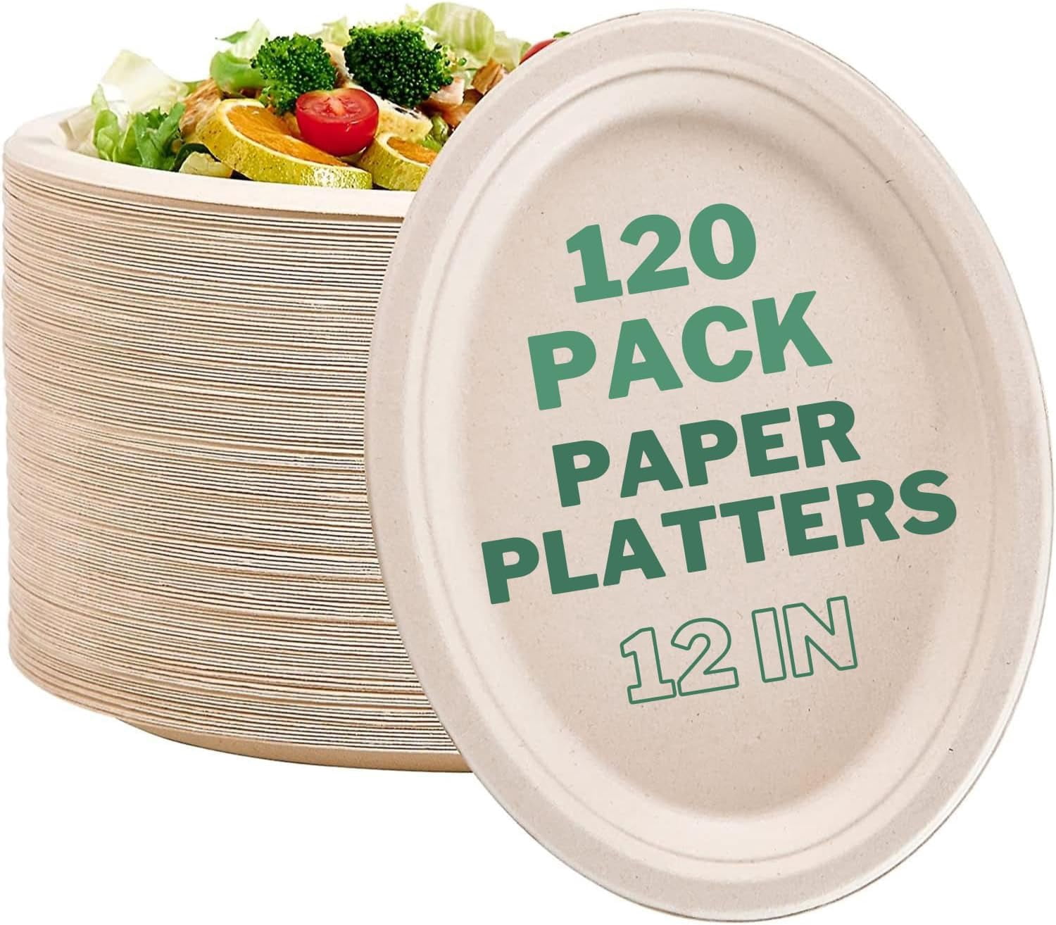 120 pack Oval Paper Plates 12 inch 100% Compostable Heavy-Duty ...