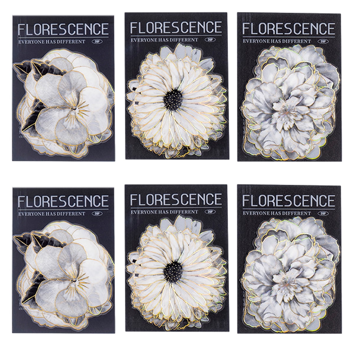 120 pieces of black and white flower stickers, gold holographic outline ...