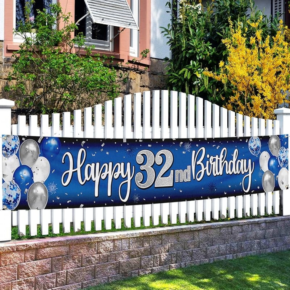 120 x 20 Inch Happy 32nd Birthday Decorations,32nd Blue & Silver ...