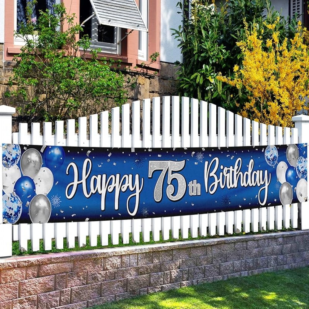 120 x 20 Inch Happy 75th Birthday Decorations,75th Blue & Silver ...