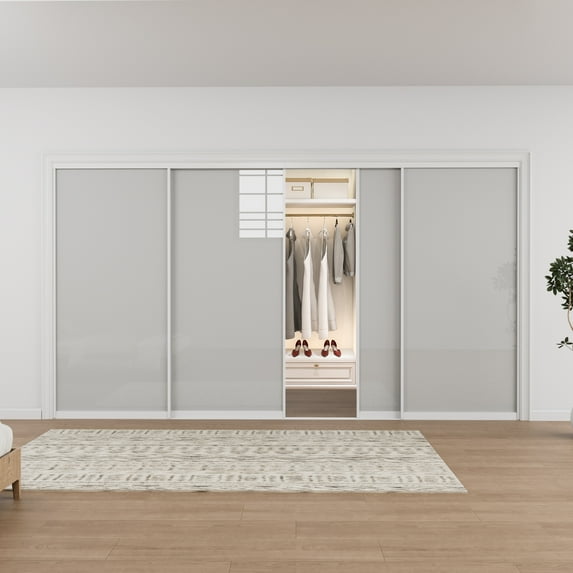 120'' x 80'' Bypass Sliding Closet Door,Tempered Frosted Glass & White ...