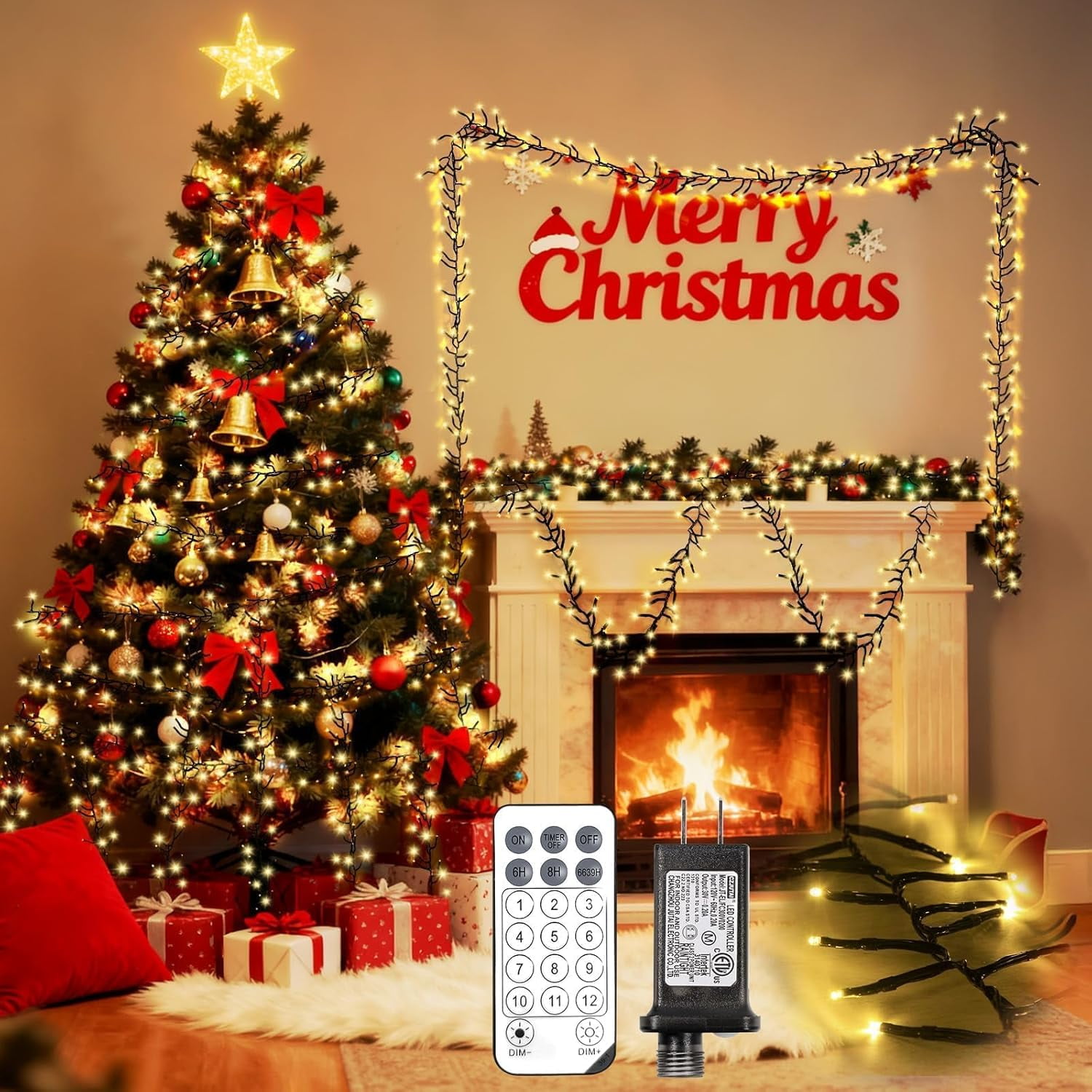 1200 59FT Christmas Cluster Lights, Warm White Christmas Tree Lights ...