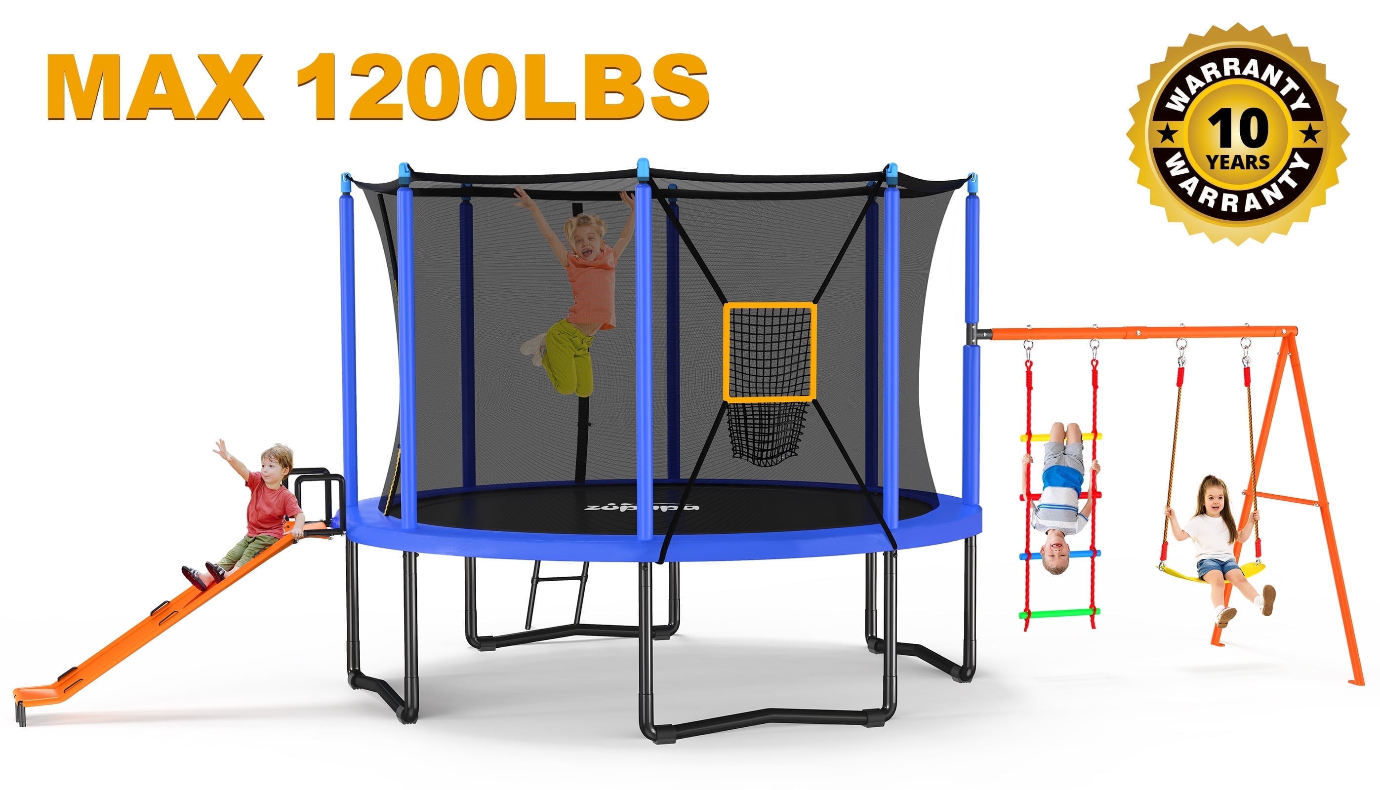 Zupapa 5-in-1 Kids Trampoline with Enclosure, Slide, Swings, Ladder ...