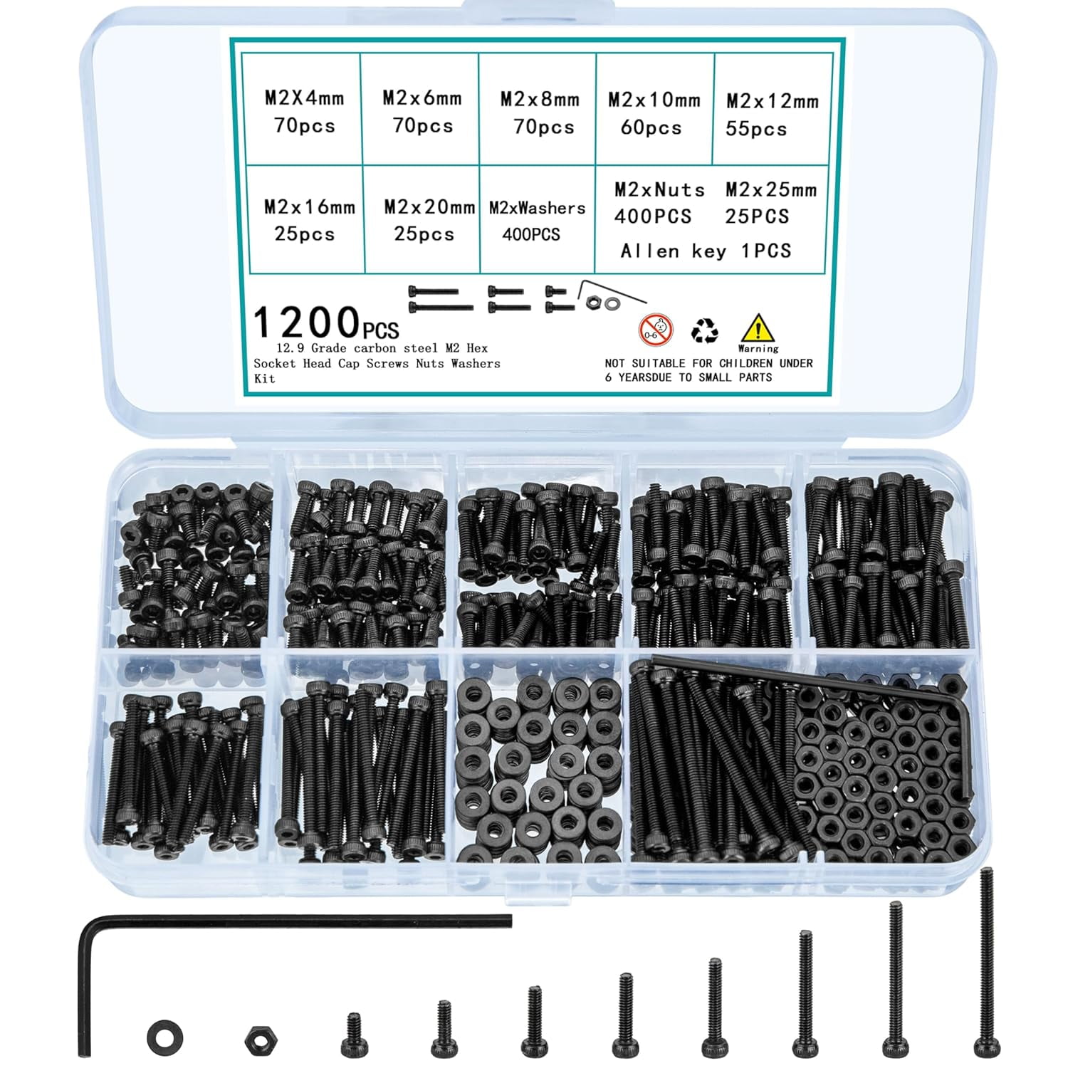 1200 Pcs M2 Screws Bolts and Nuts Assortment Kit, Small Hex Socket Head ...