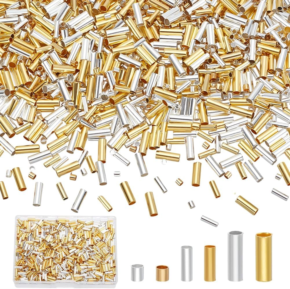 1200 Pcs Tube Crimp Beads 2 Colors Brass Column Crimp Charms Beads Cord ...
