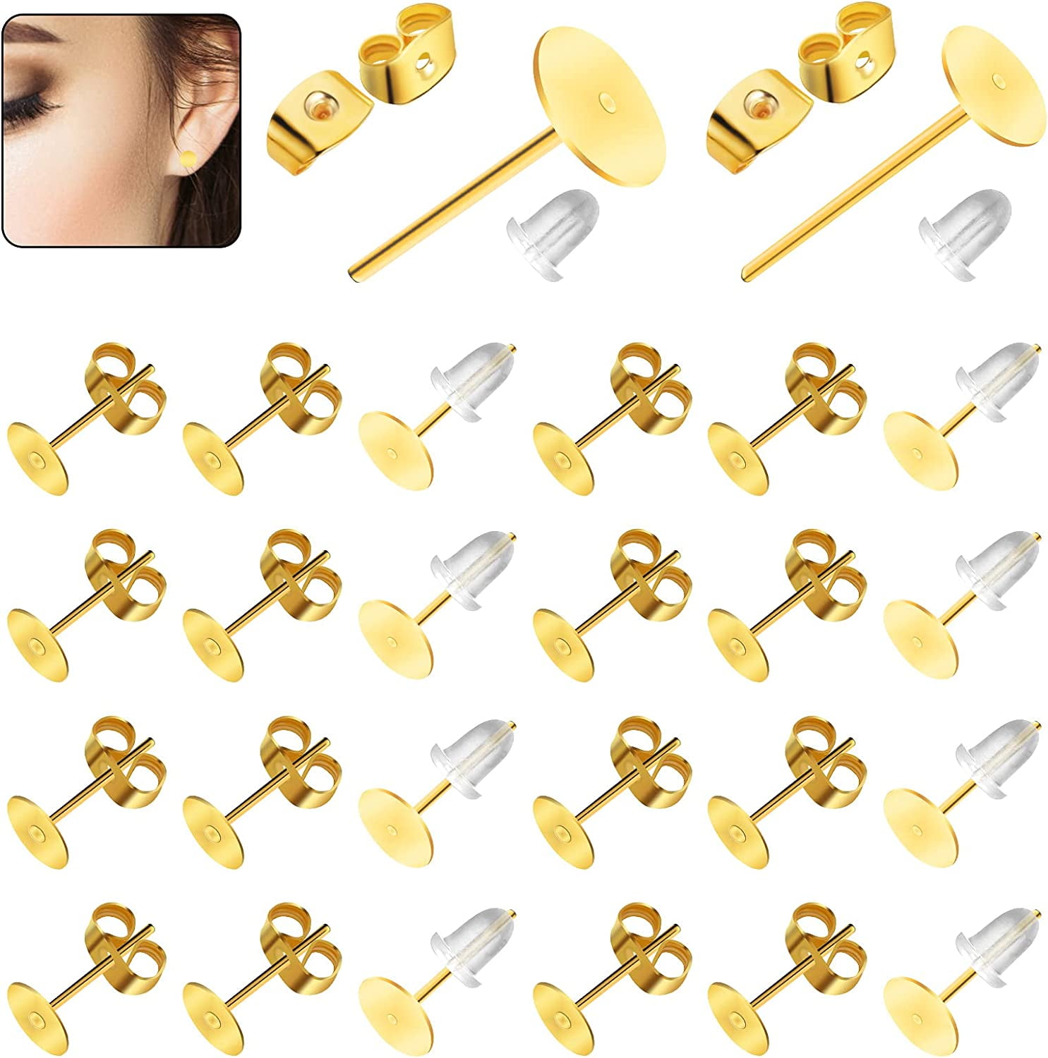 1200 Pieces Gold Earring Posts Stainless Steel Set Hypoallergenic Flat ...