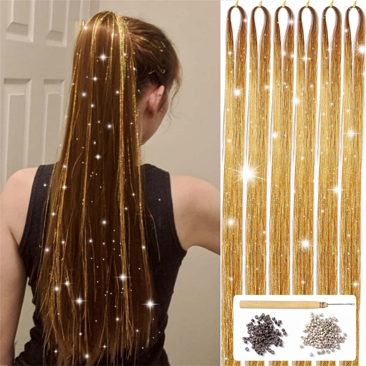1200 Strands Hair Tinsel Extensions,Silver Glitter Tinsel Hair ...