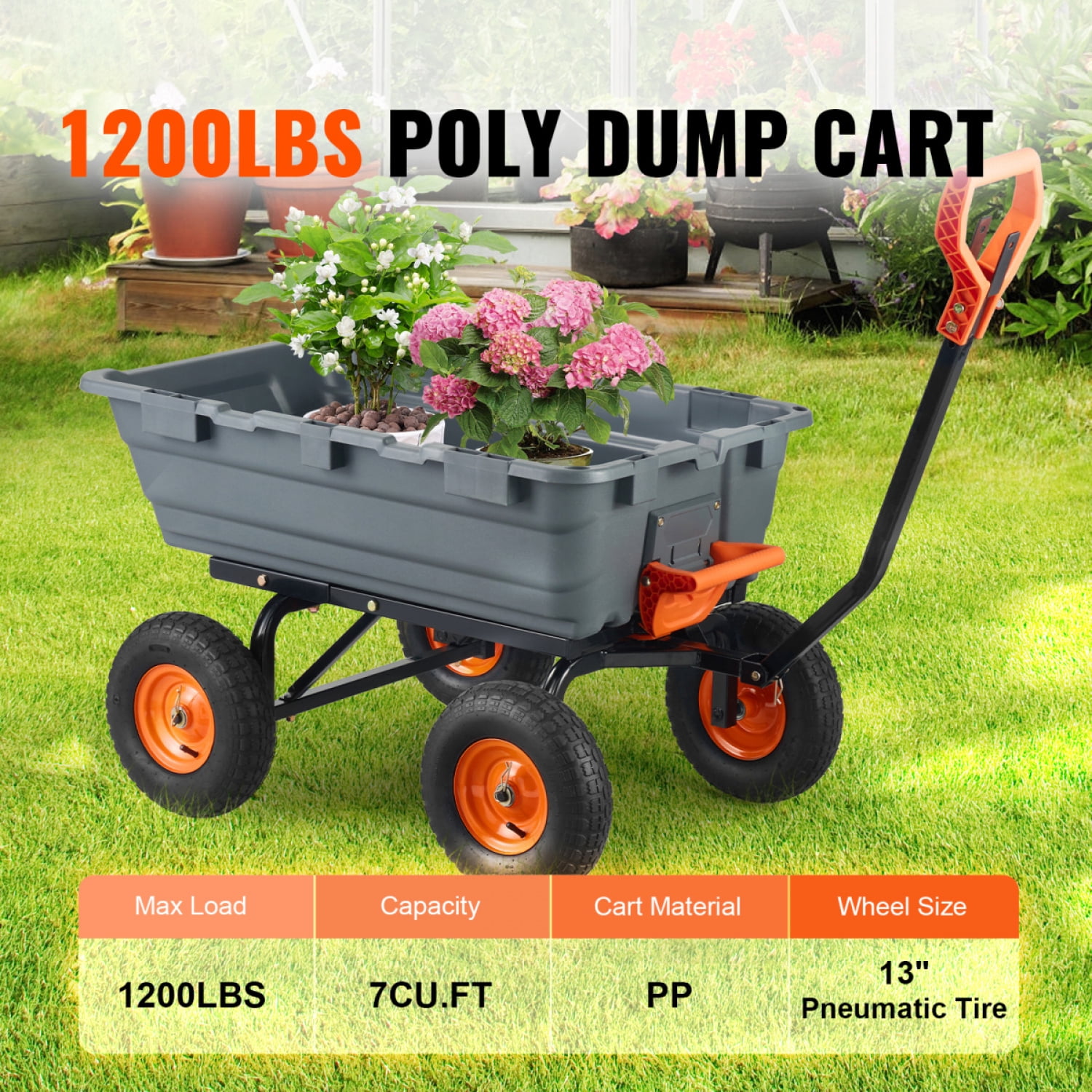 1200 lbs Capacity Poly Garden Dump Cart 6.48 cu ft Utility Wheelbarrow ...