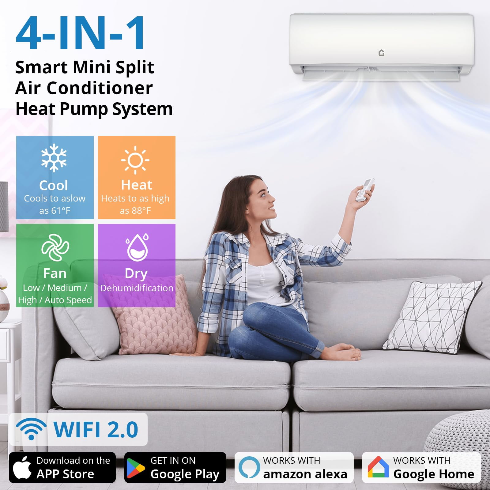 12000 BTU Mini Split AC w/WiFi Work Alexa 20 SEER2 Cools Up to 750 Sq ...