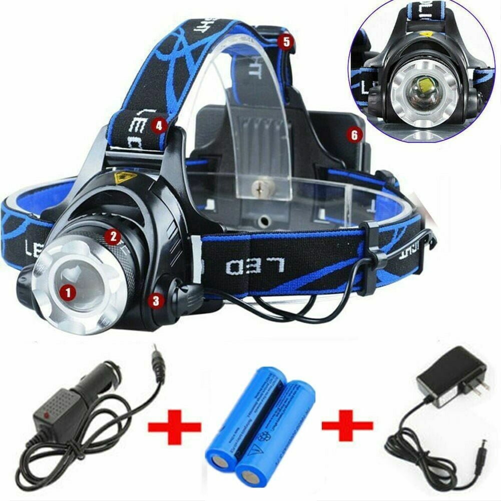 1200000LM Rejected Head LED Light Tactical Headlamp Zoomable 2x Charger ...