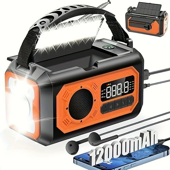 12000mAh Emergency Weather Radio - Solar, Hand Crank & Type-C Charge ...