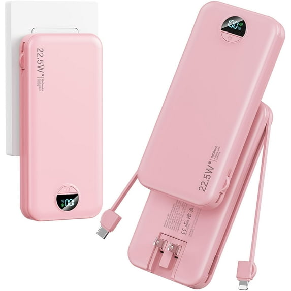 12000mAh Ultra-Portable-Charger-Power-Bank with Built in Cables&AC Wall ...