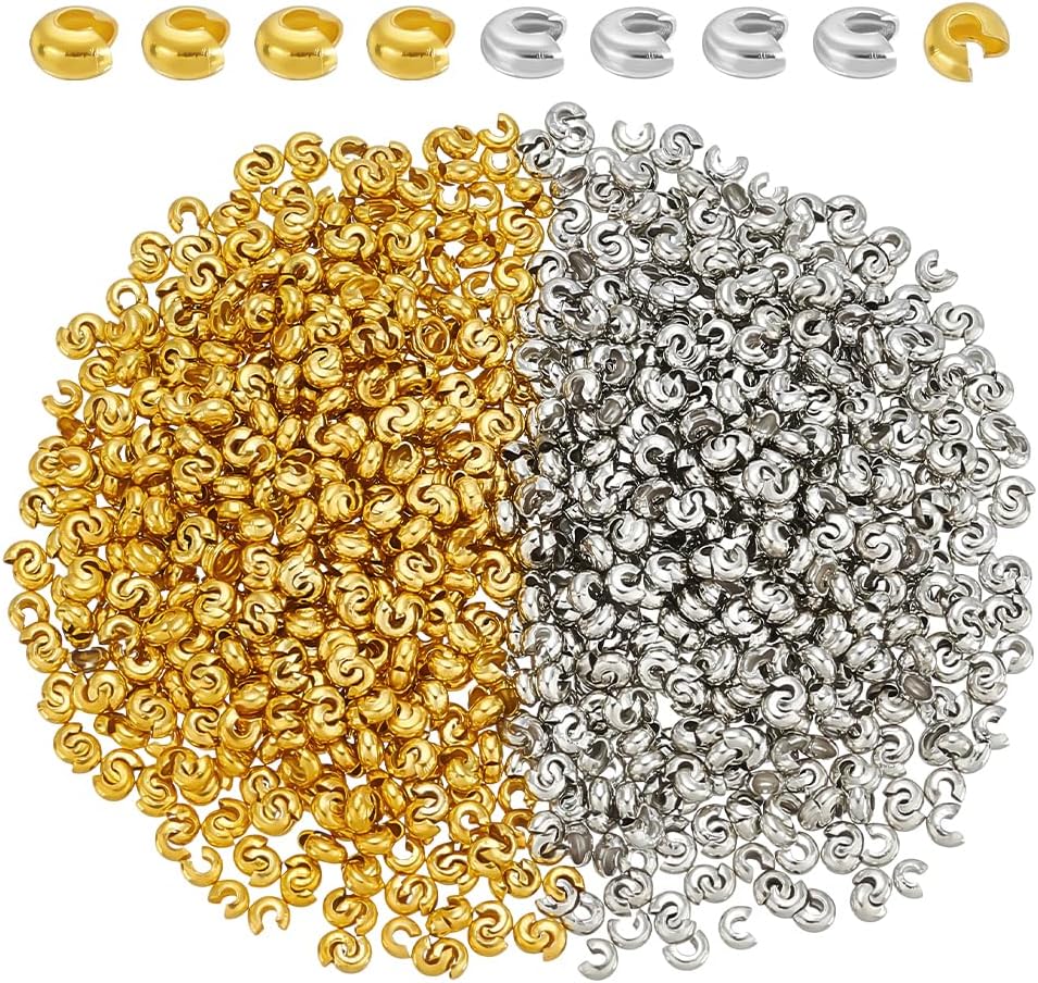 1200Pcs Crimp Bead Cover Gold Silver Bead Tips Knot Cover Half Round ...