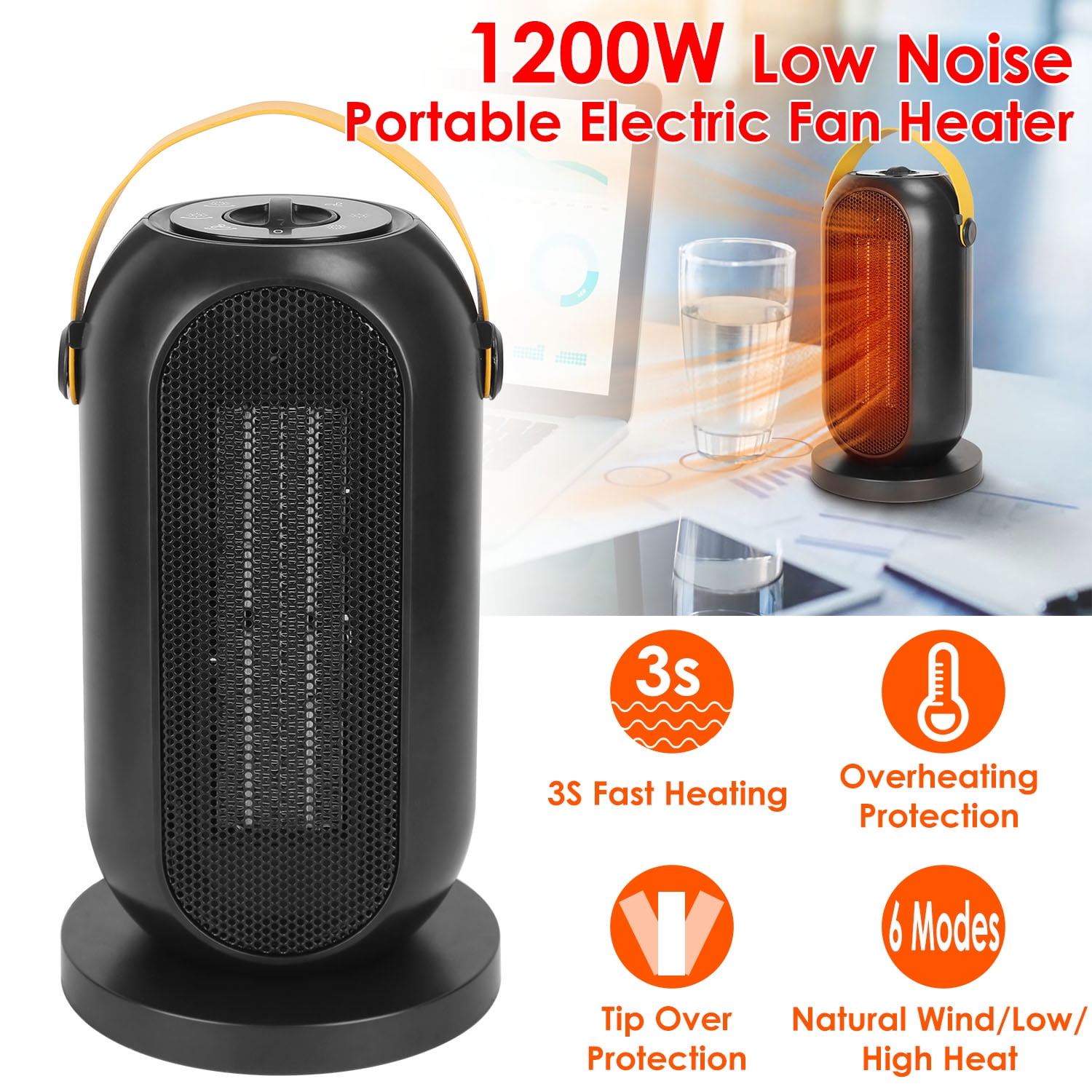 1200W Portable Electric Fan Heater PTC Ceramic Oscillation Heating Cool ...