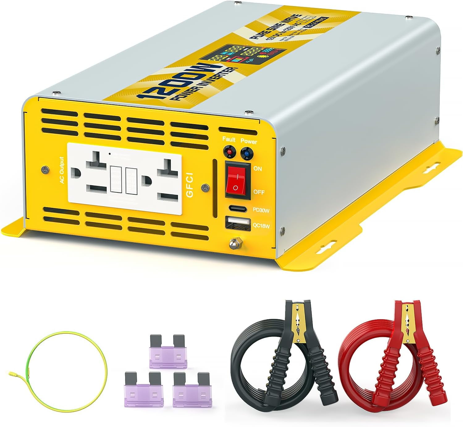 1200W Power Inverter Pure Sine Wave 12V DC to 120V AC Converter 2400 ...