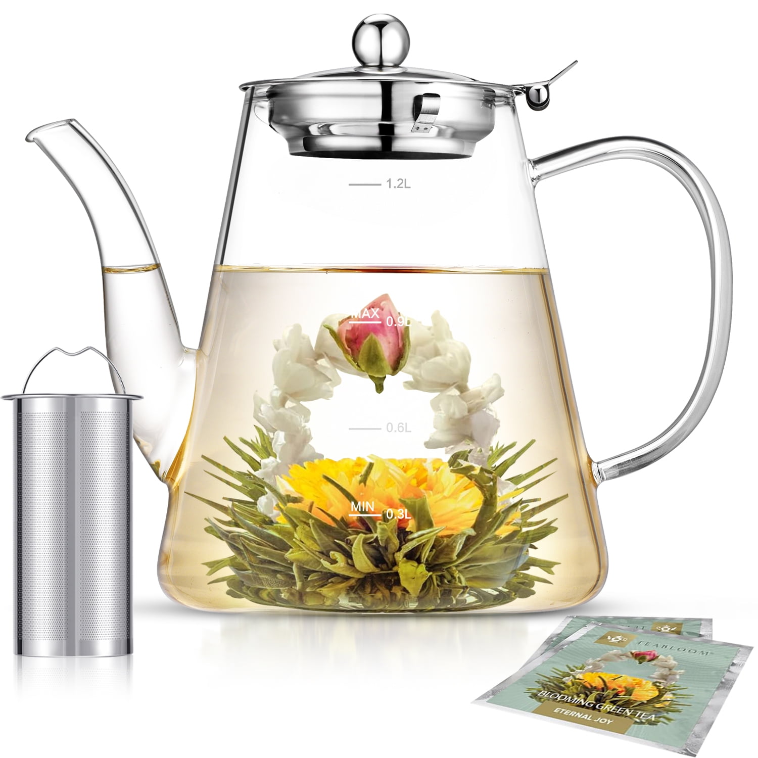 1200ml Glass Teapot, with Removable Stainless Steel Infuser, 40oz ...