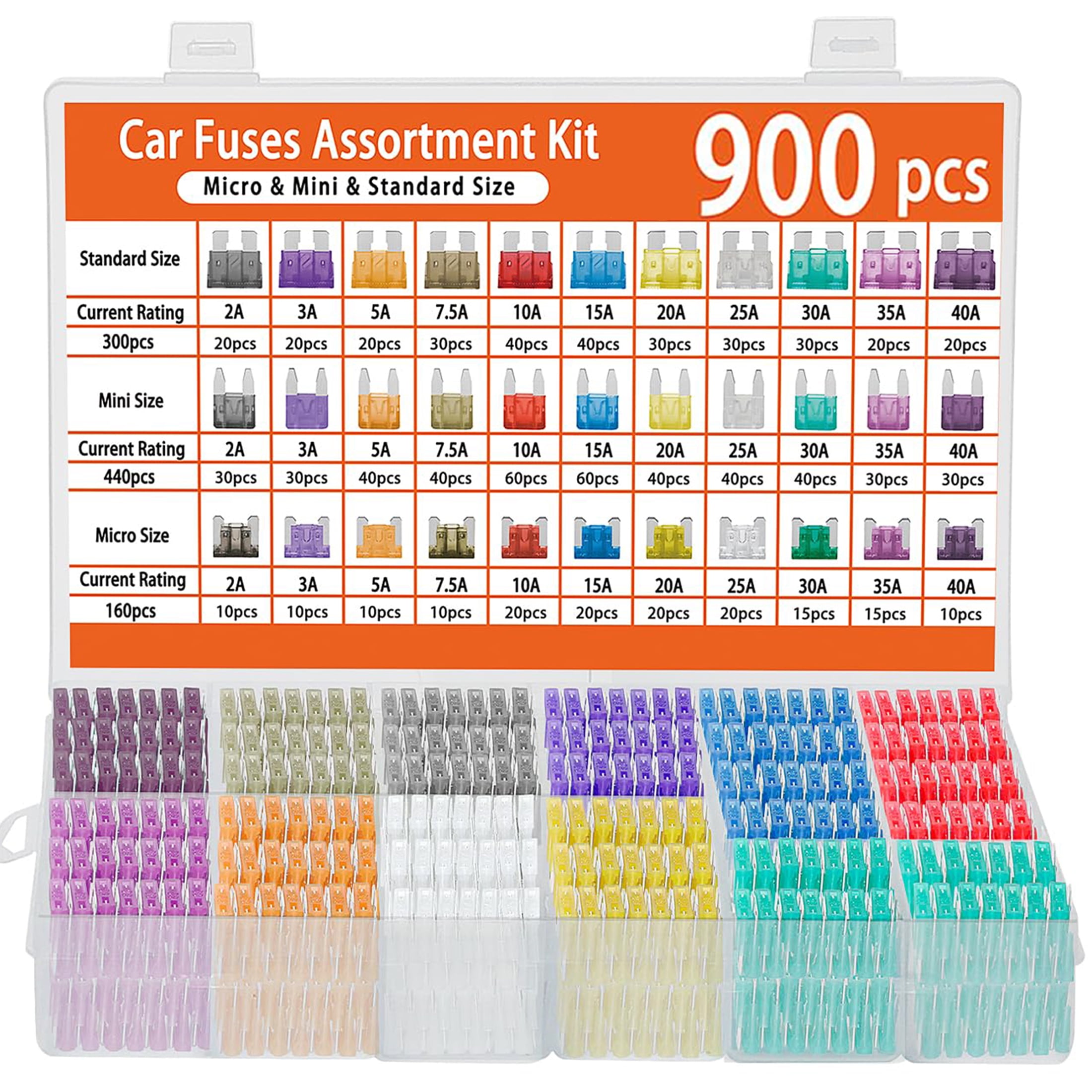 SLUMLOVE 900 Pcs Car Fuse Kit: Mini, Micro, Standard Fuses, 2A-40A ...