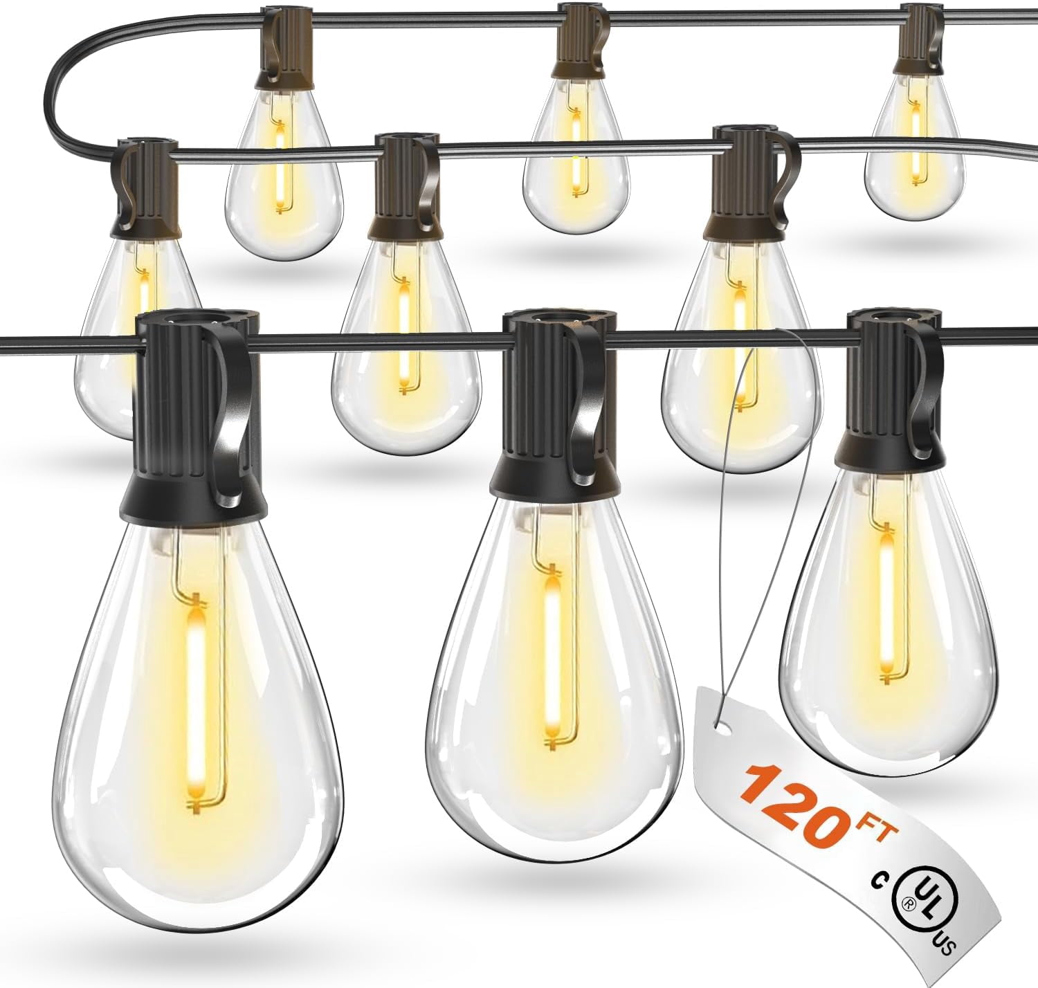 120FT LED Outdoor String Light with 30+2 Edison Shatterproof Waterproof ...