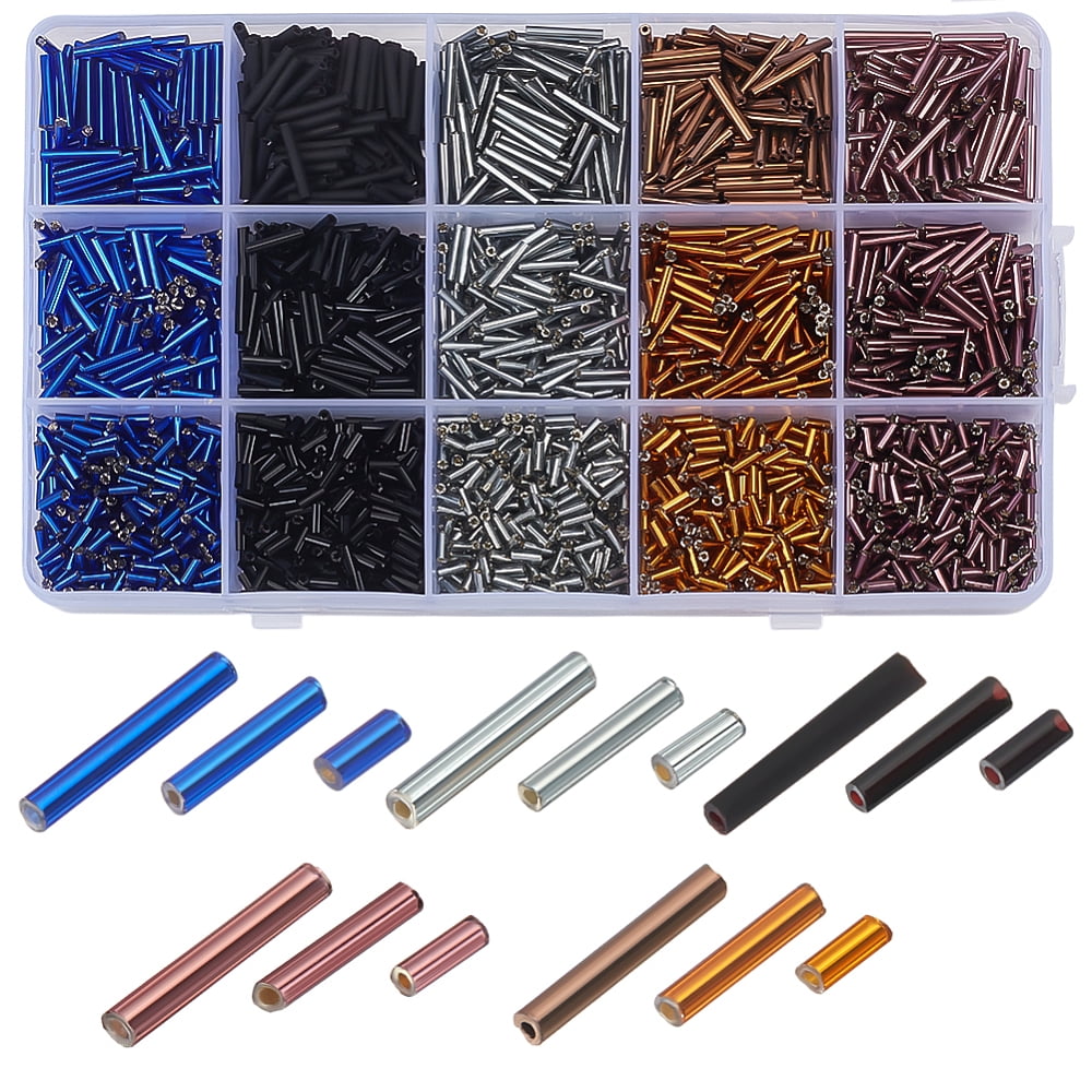 120G 15 Styles Glass Bugle Beads Mixed Shape Mixed Color 5~12x2mm Hole ...