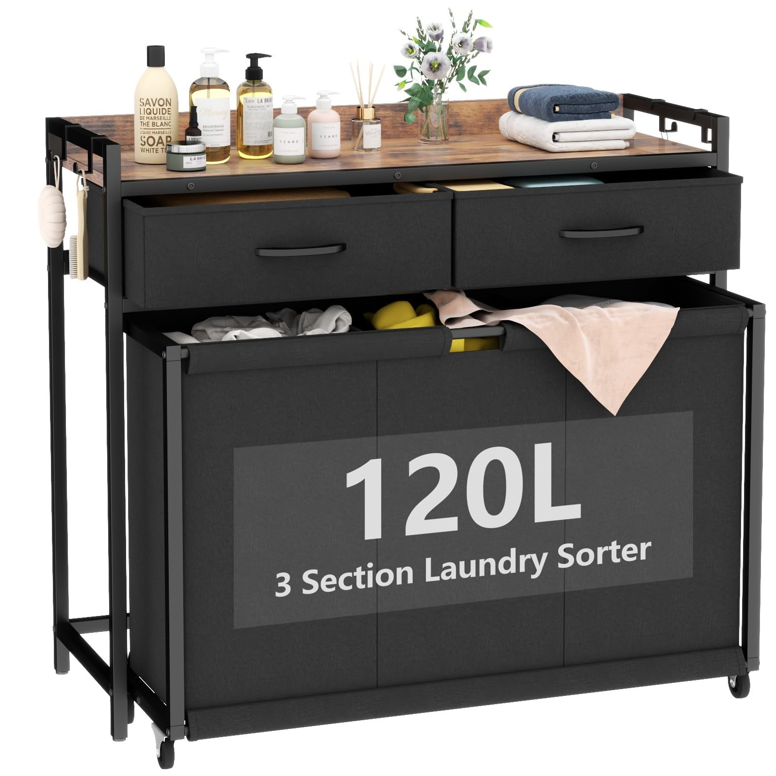 120L Capacity Laundry Hamper with 3 Bags and 2 Drawers, Mobile Sorter ...