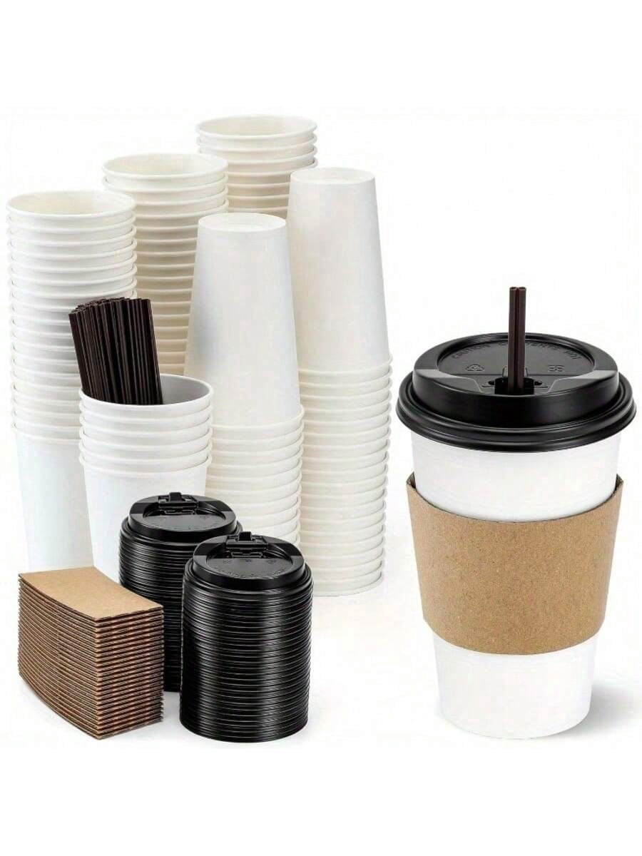 120PCS/16oz Disposable Coffee Cups with Lids and Sleeves Paper Cups ...
