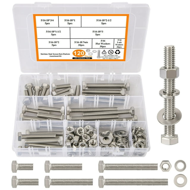 120PCS 5/16-18 Hex Bolts and Nuts Kit, 5/16" Machine Screws Set Nuts ...