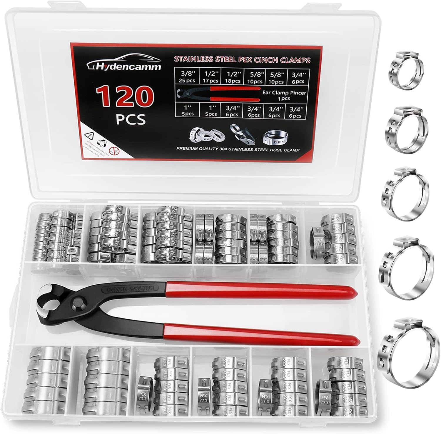 120PCS 5 Sizes PEX Clamps Kit with Plier, 1/2'', 3/4'', 3/8”, 5/8'', 1 ...